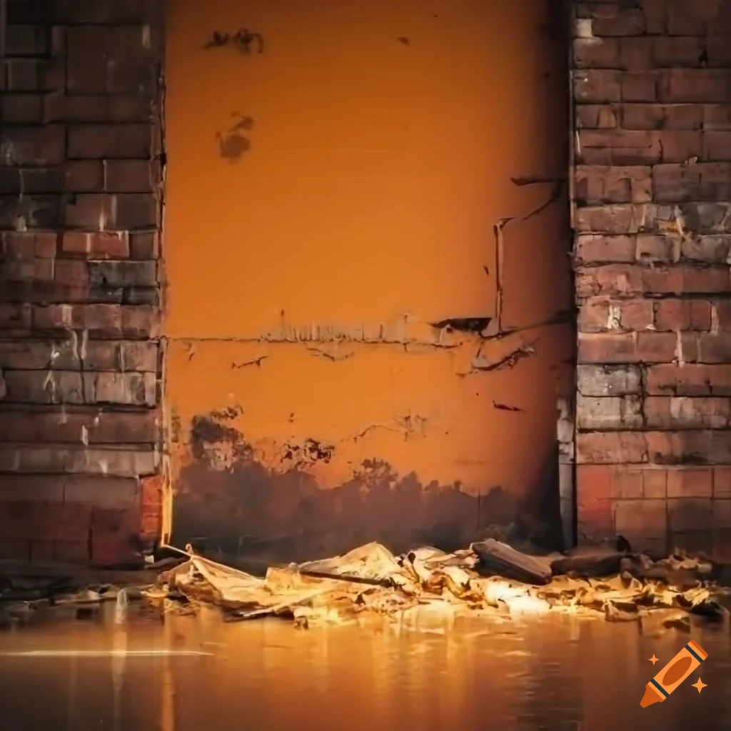Underwater view of rubble below a flooded industrial doorway in golden ...