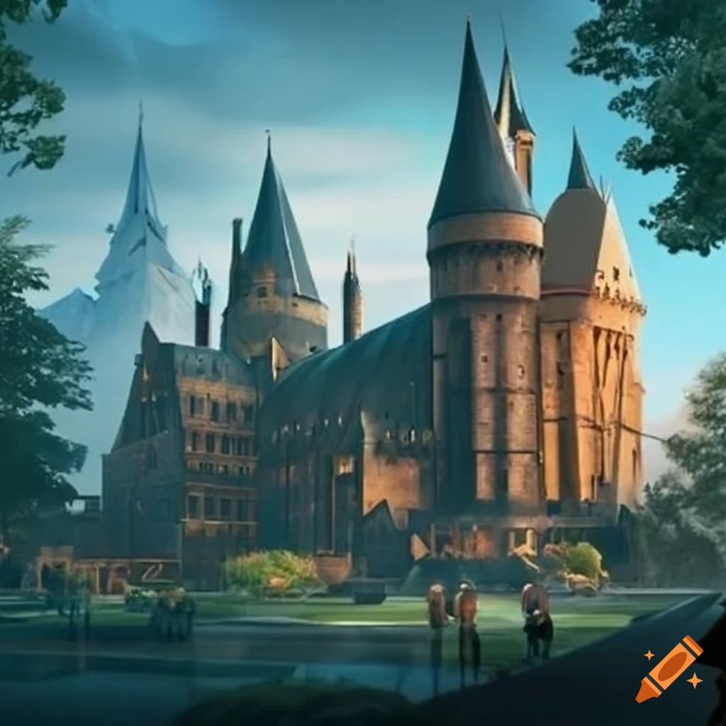 Modern and bright campus resembling Hogwarts on Craiyon