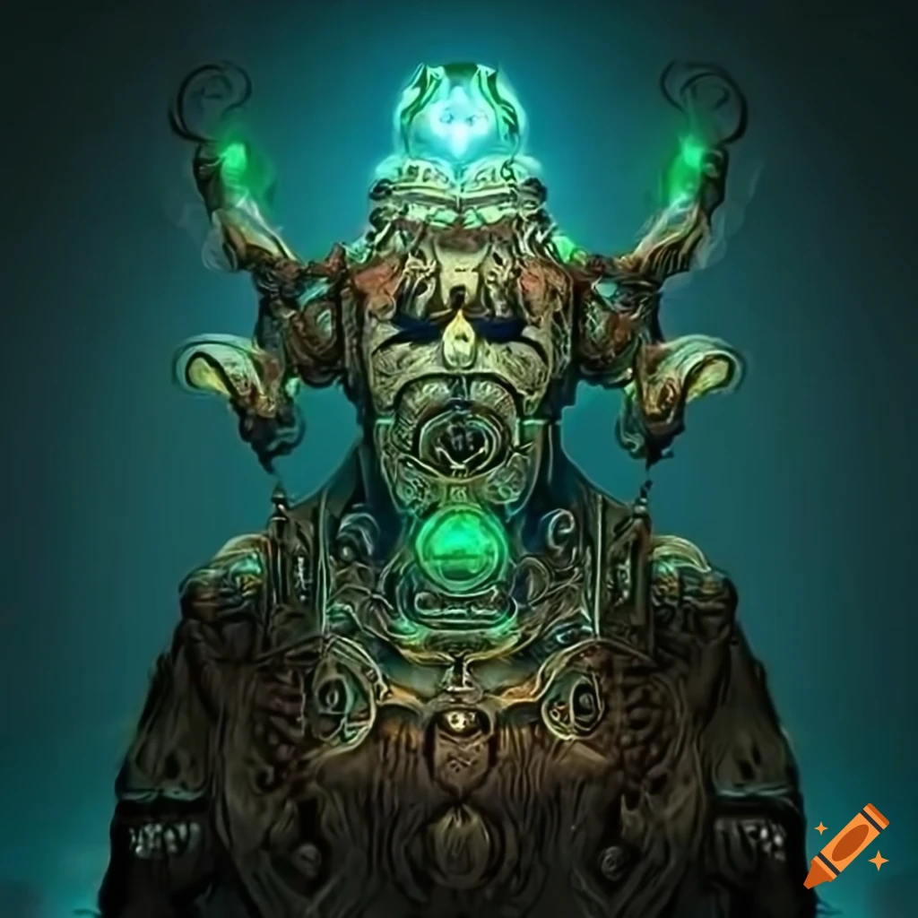 Intricate robotic shaman casting mystical spells with glowing orbs on ...
