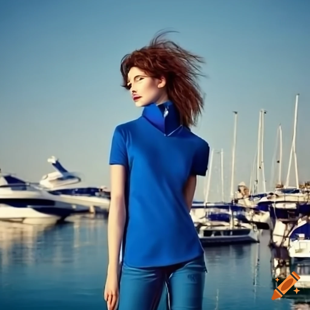 Woman in blue polo shirt with yacht marina emblem on Craiyon