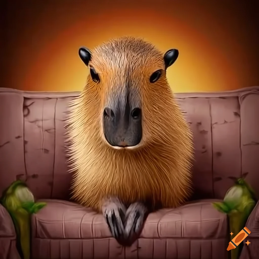 Capybara showing curiosity on a cozy couch on Craiyon