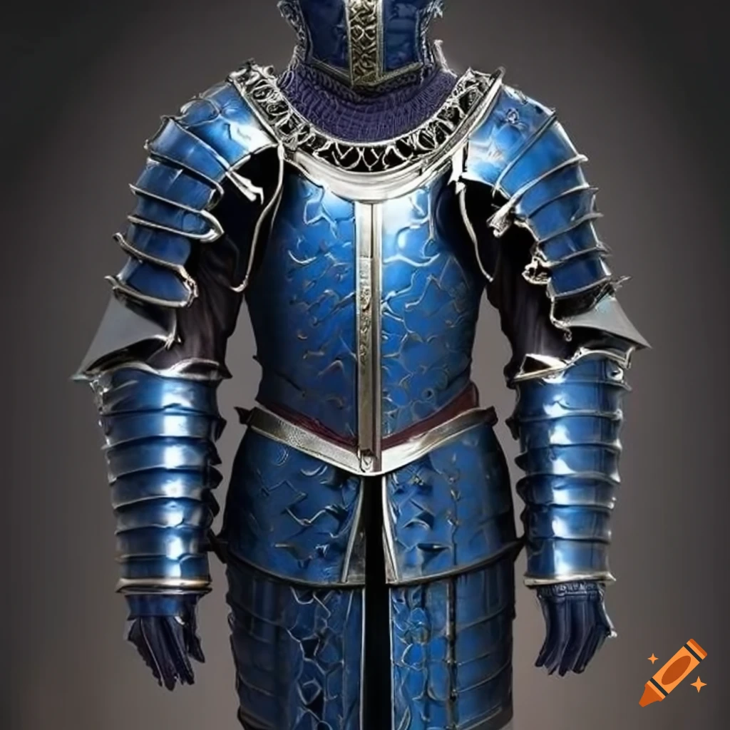 Midnight-blue armor set with intricate interlocking plates on Craiyon