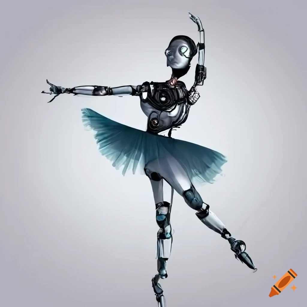Female robot performing ballet with a white background on Craiyon