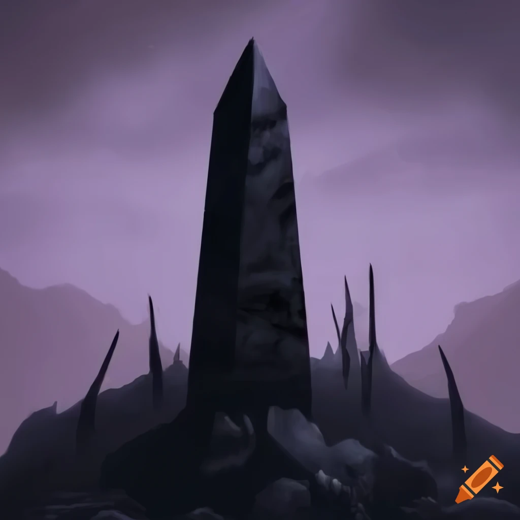 Dark obsidian obelisk standing alone on a desolate hilltop on Craiyon
