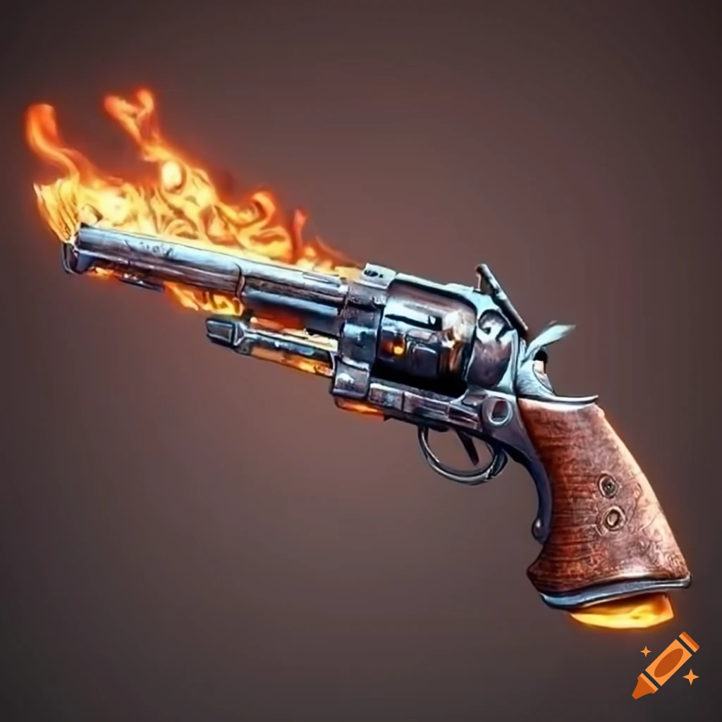 Intricate flaming revolver gun forged in hellfire on Craiyon