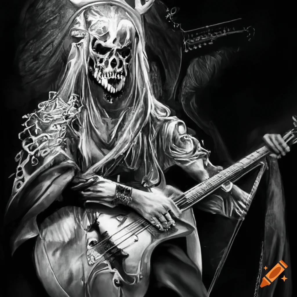 Demon king playing guitar with ghost drummer on Craiyon