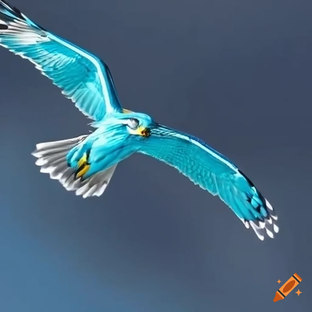 Neon blue hawk with silver wing tips in flight on Craiyon