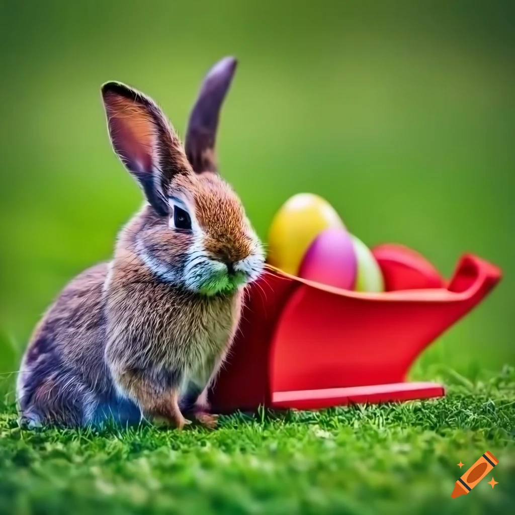 Playful rabbit next to colorful easter egg hunt scene with red sleigh ...