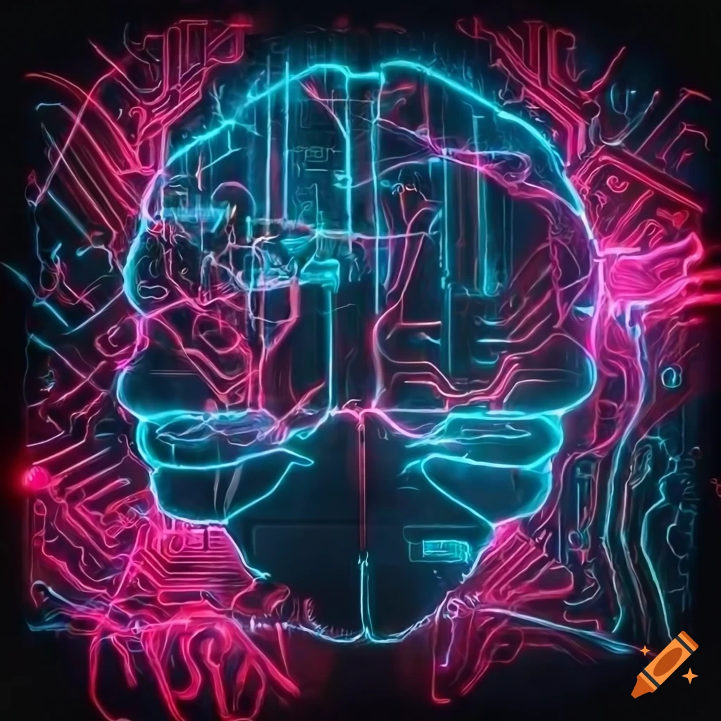 Brain with cyberpunk circuit and neon tubes on black canvas on Craiyon