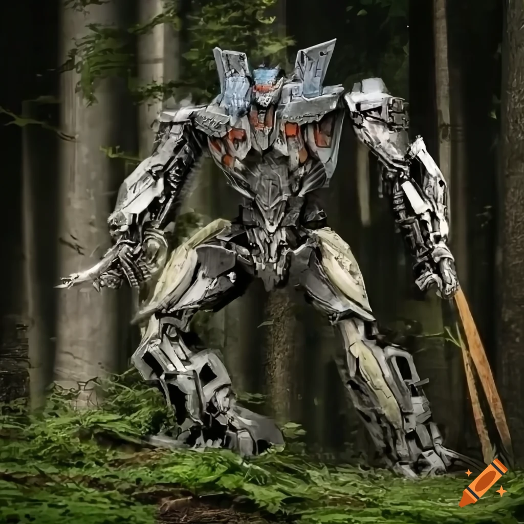 Transformer wolf warrior holding a sword in a forest setting on Craiyon