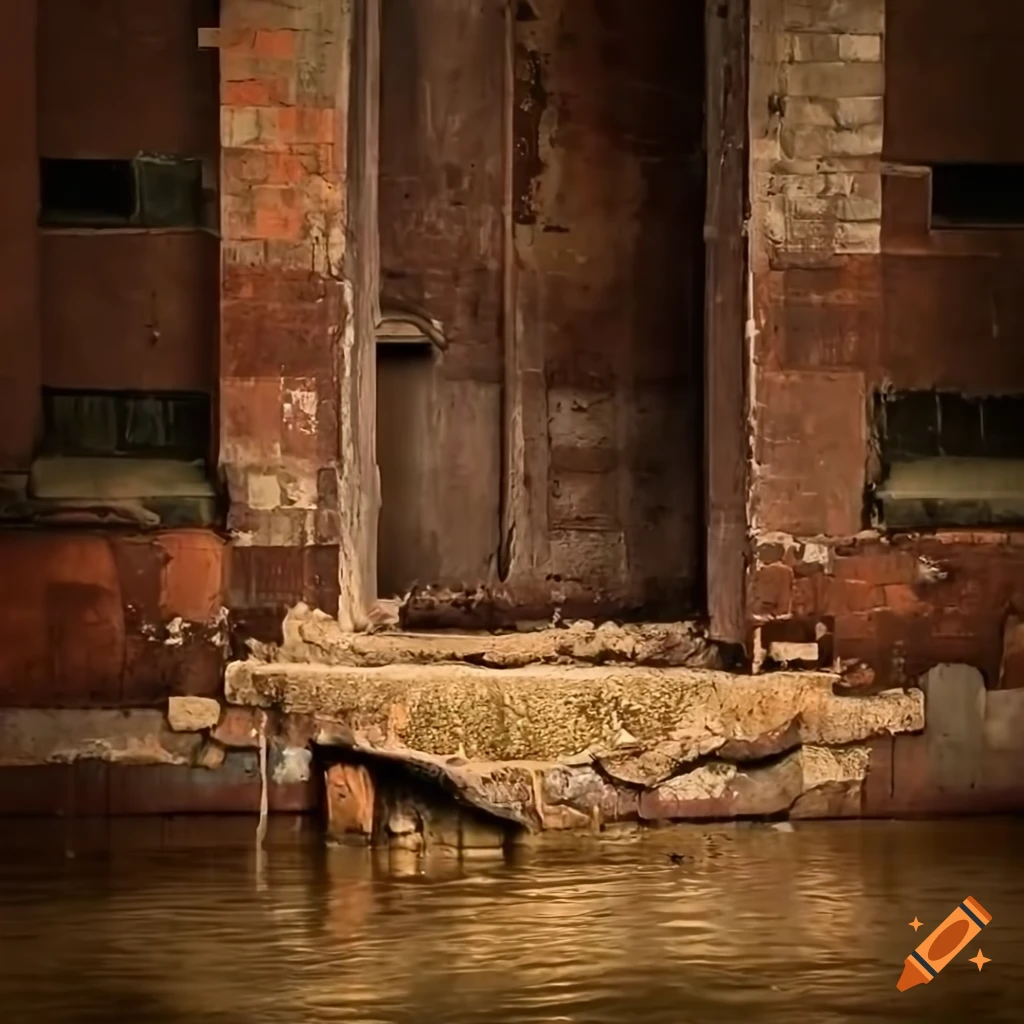 Destroyed couch in flooded brick doorway with sinking buildings into ...