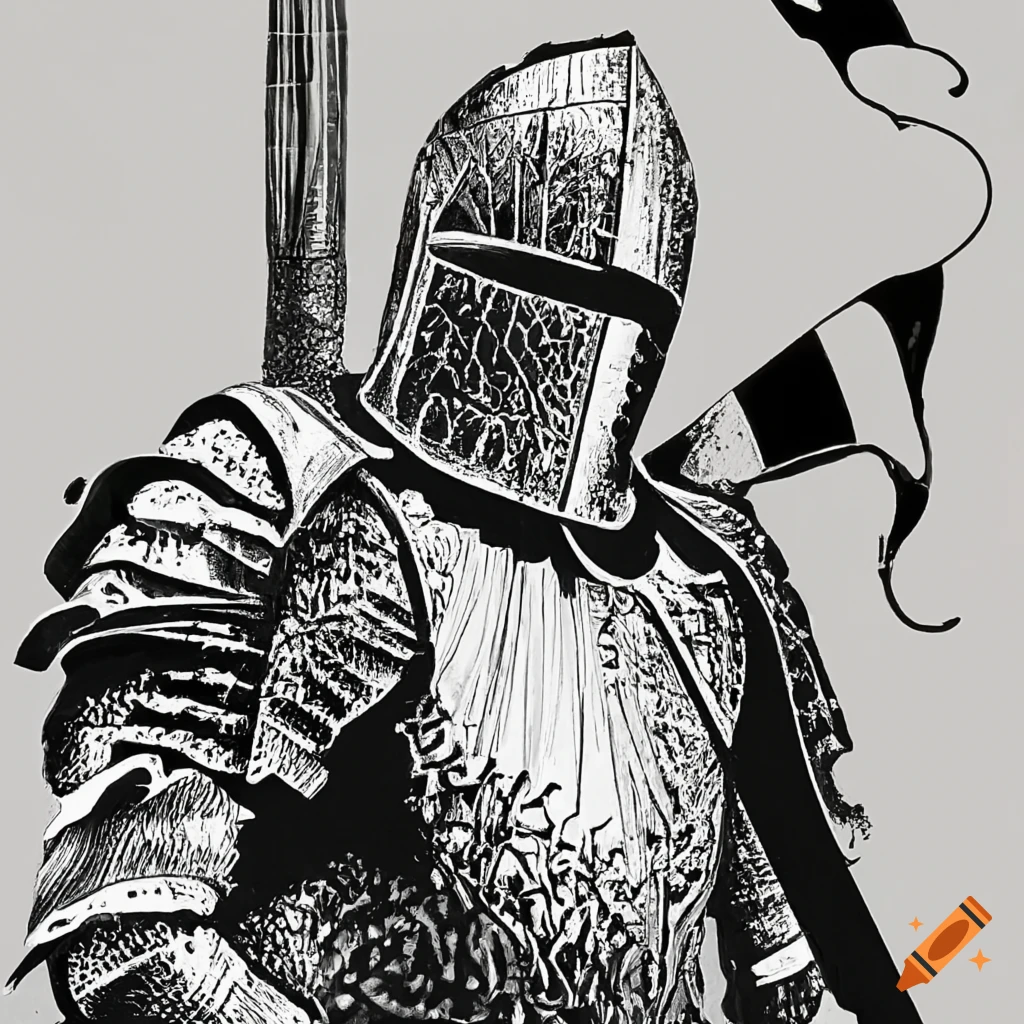 Medieval knight in high contrast black and white stencil art on Craiyon