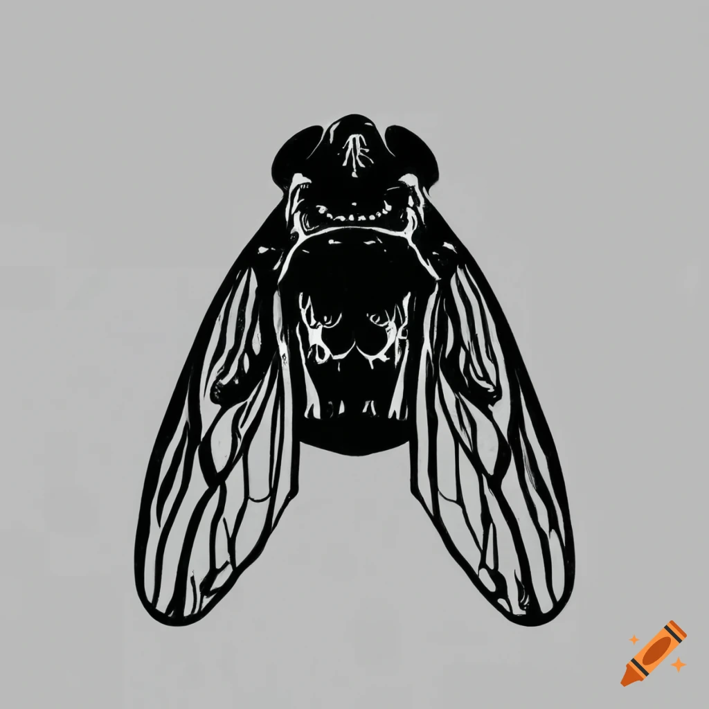 Outline of a sad cicada stencil in white on black background on Craiyon