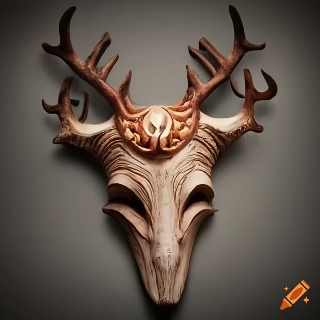 Intricately carved magical mask with deer horns on Craiyon