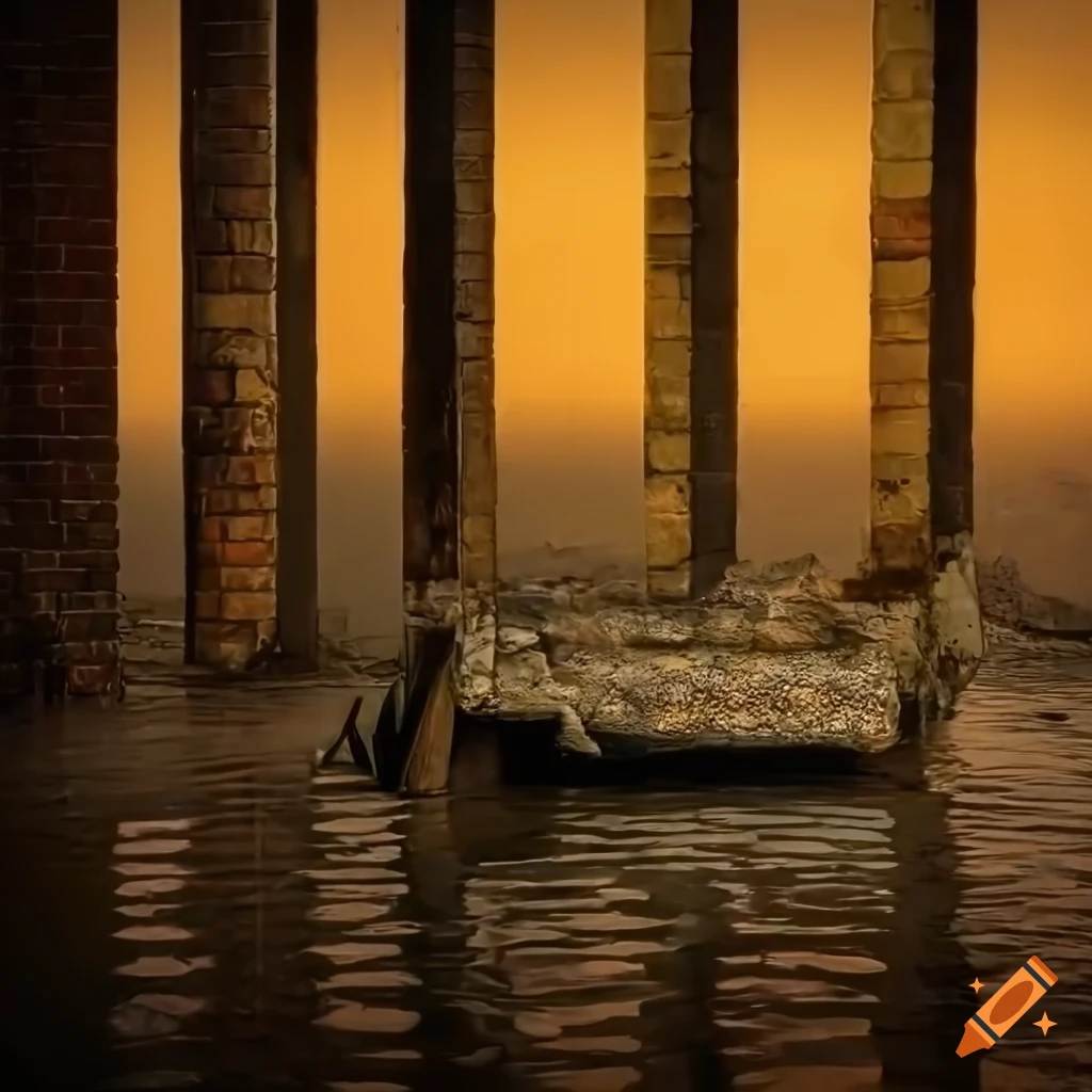 Destroyed couch in flooded brick doorway with sinking buildings in ...