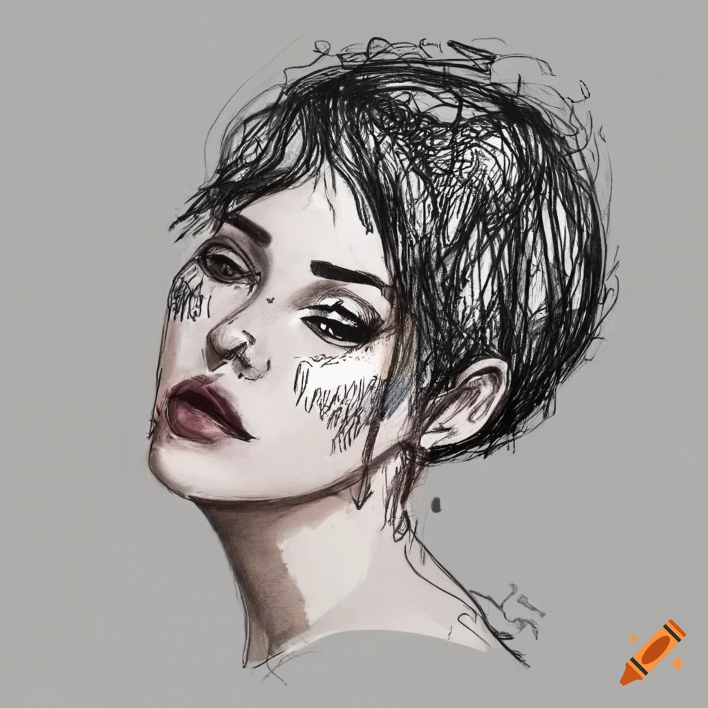 Young adult woman with short hair looking tired and sad in ink drawing ...