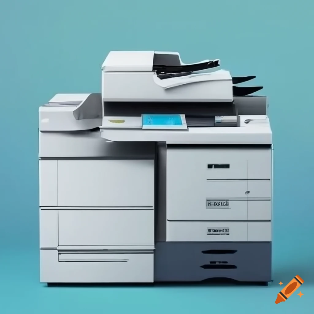 Office room with copy machines, mimeograph machine, and supplies on Craiyon