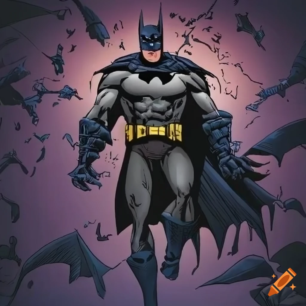 Action hero cartoon comic strip with a Batman-like character on Craiyon