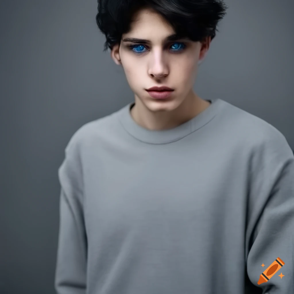 Young Man With Wavy Black Hair And Striking Blue Eyes In A Grey
