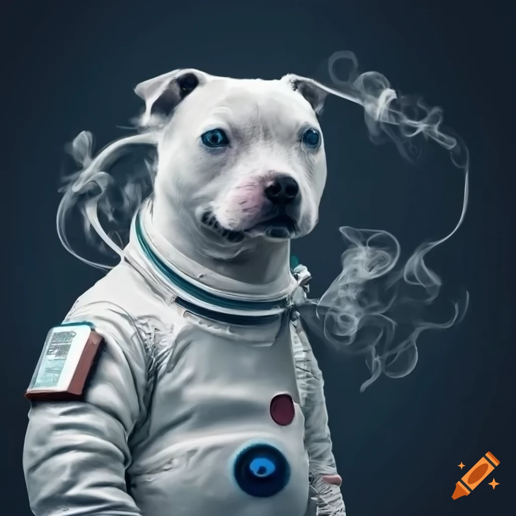 White staffy dog in a space suit on Craiyon