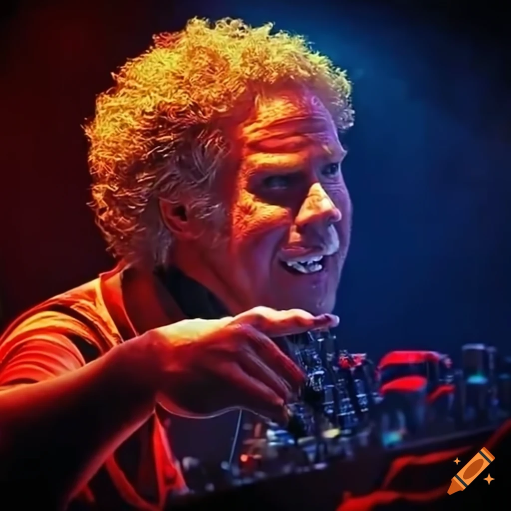 Will ferrell with mixer dj rave in an arena light show on Craiyon