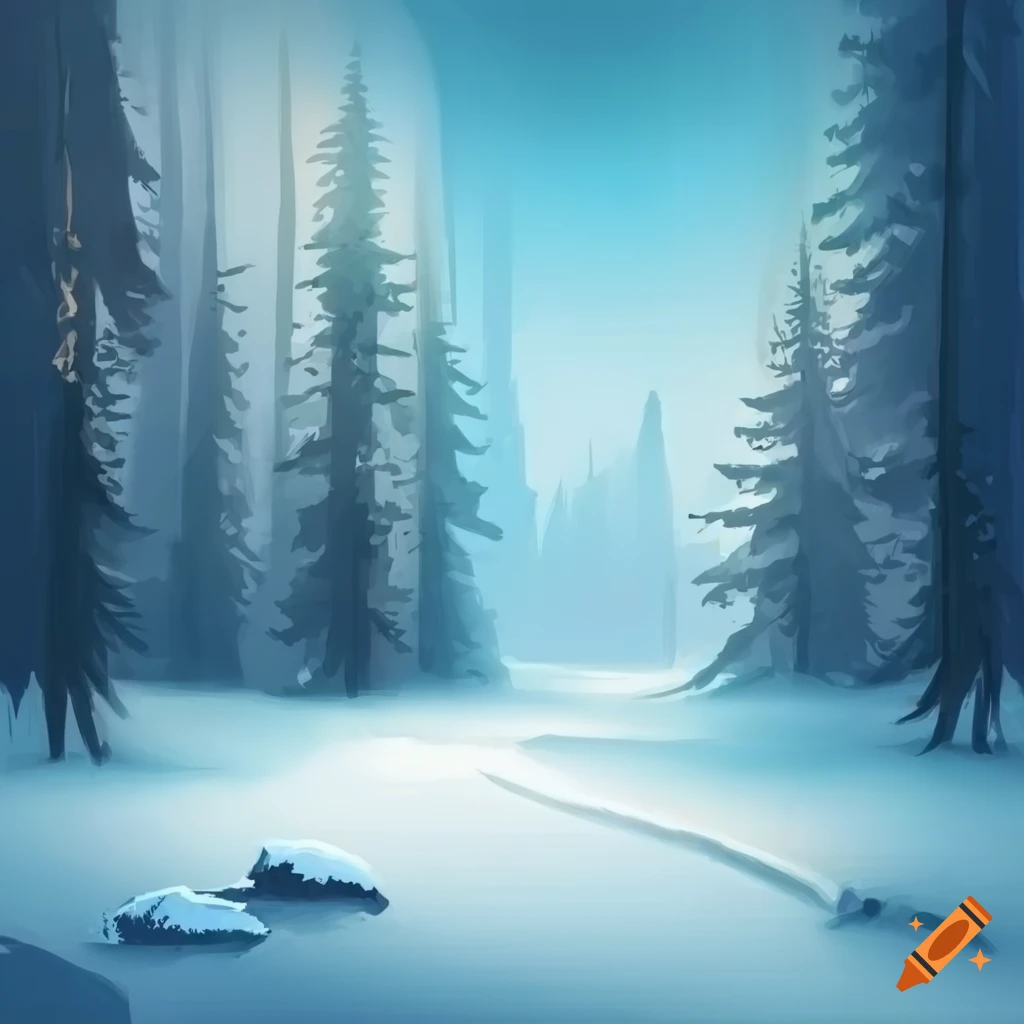 Concept art of snowy forest environment from a side view with warm ...