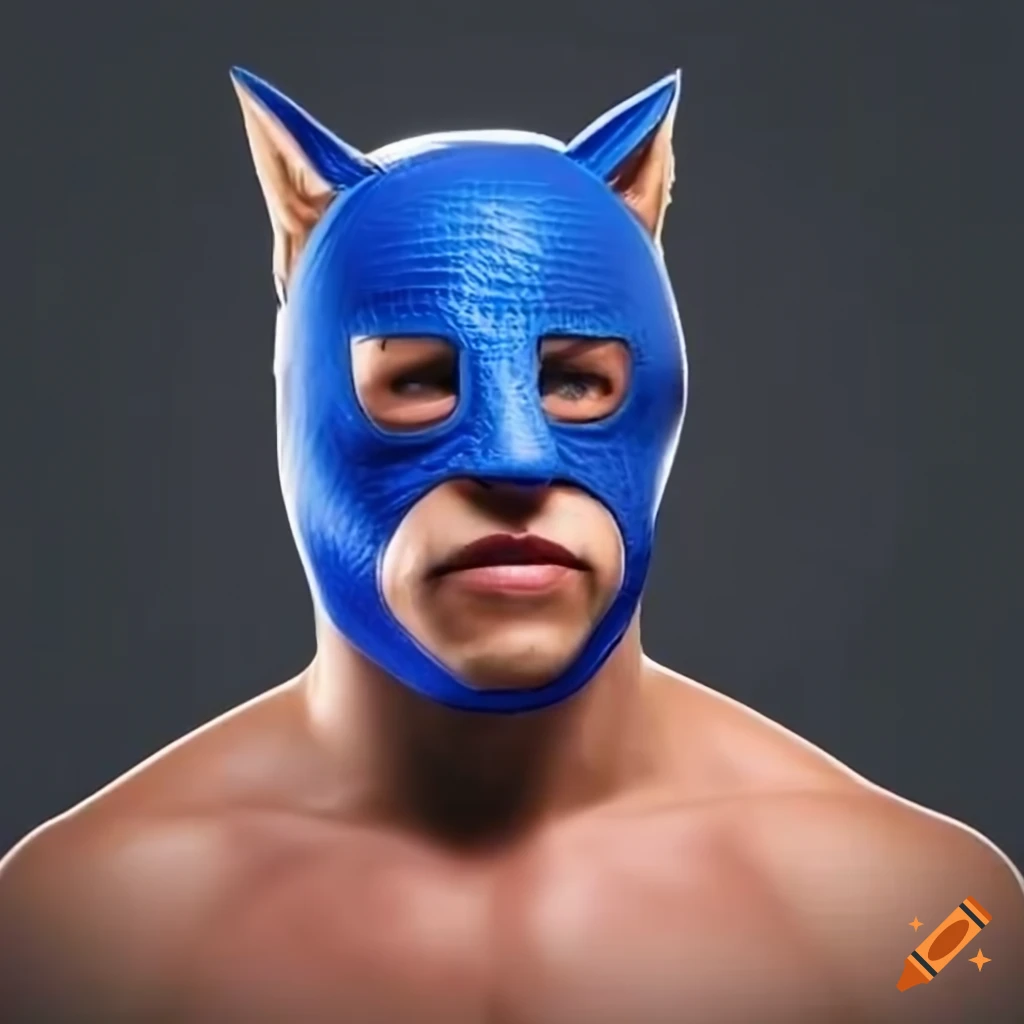 Male wrestler in cobalt blue spandex with wolf-themed mask on Craiyon