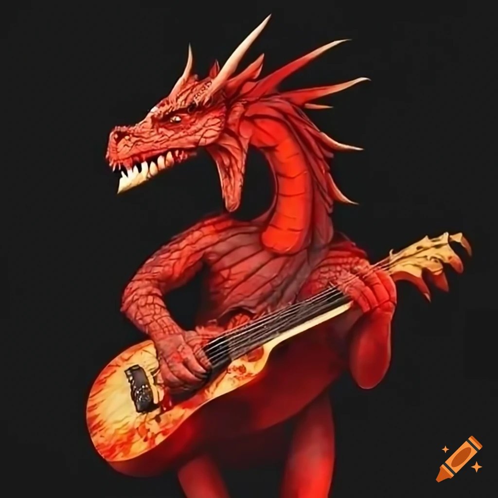 Fire breathing red dragon playing guitar on Craiyon