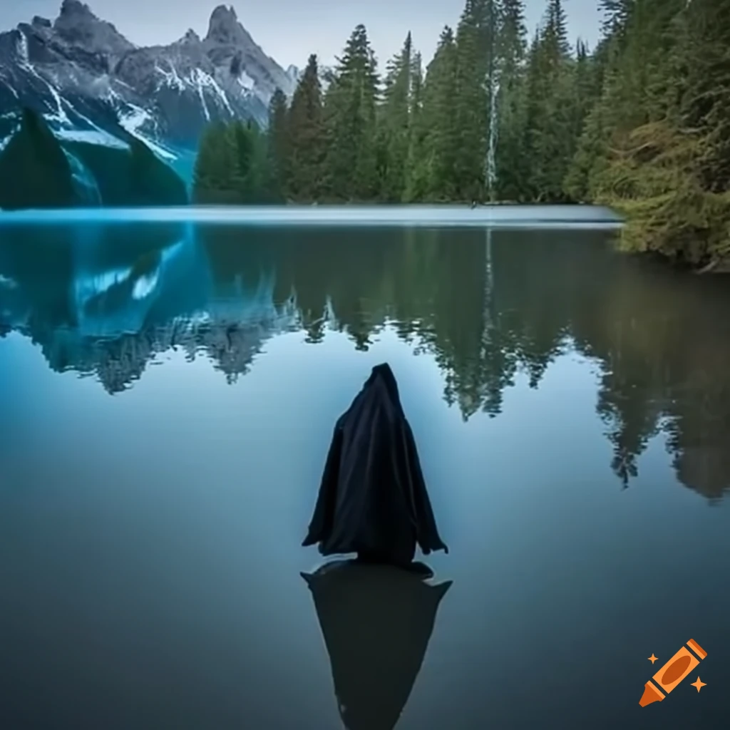 Grim Reaper floating on serene lake showcasing his mythical ...