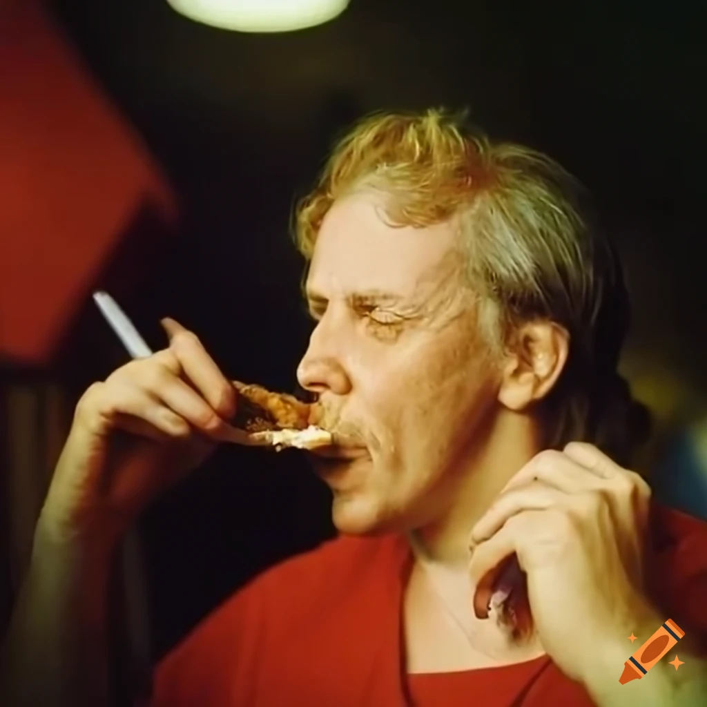 Retro scene of a man with a mullet eating a cheeseburger at a 1980s ...