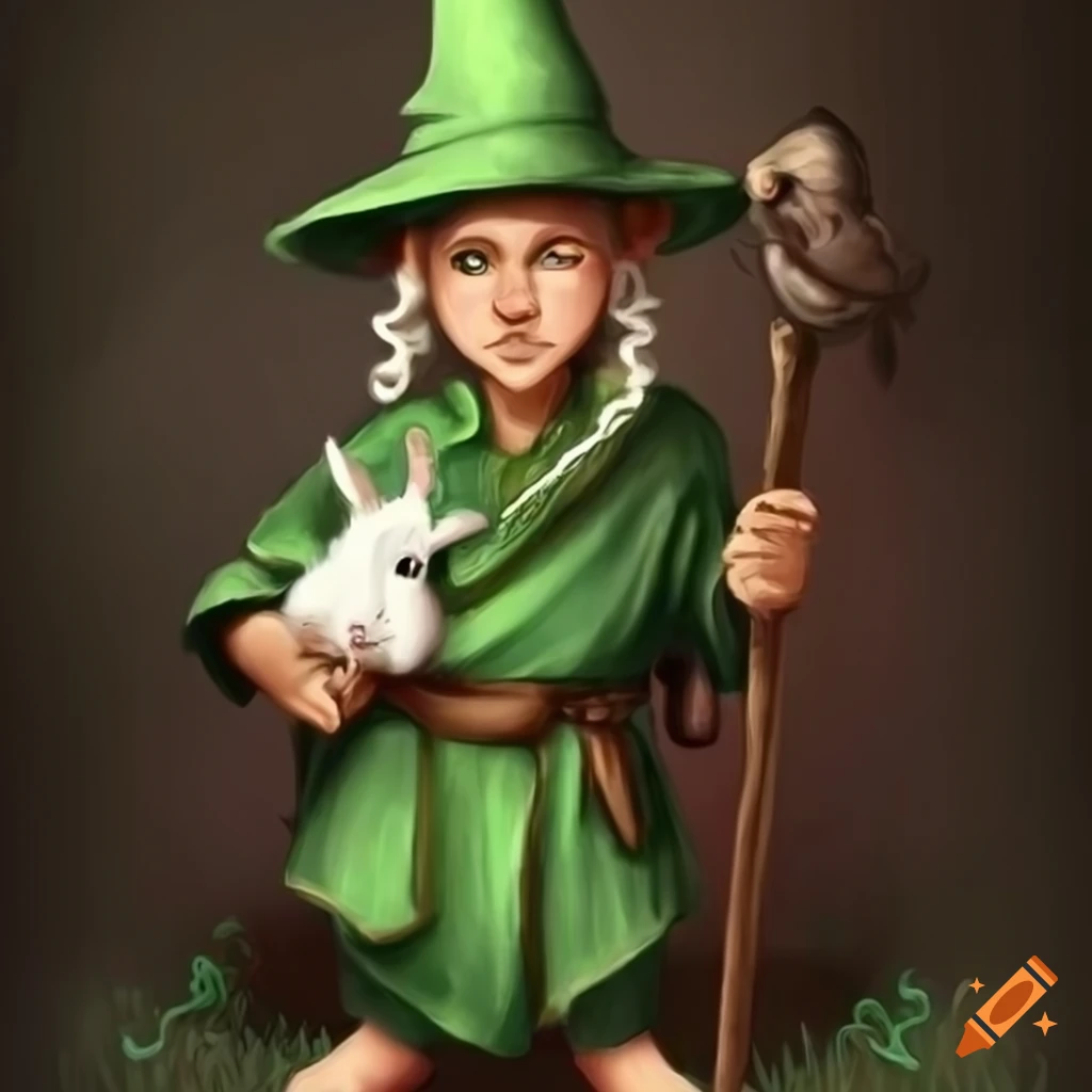 Whimsical halfling wizard in green robes with a top hat and a white ...
