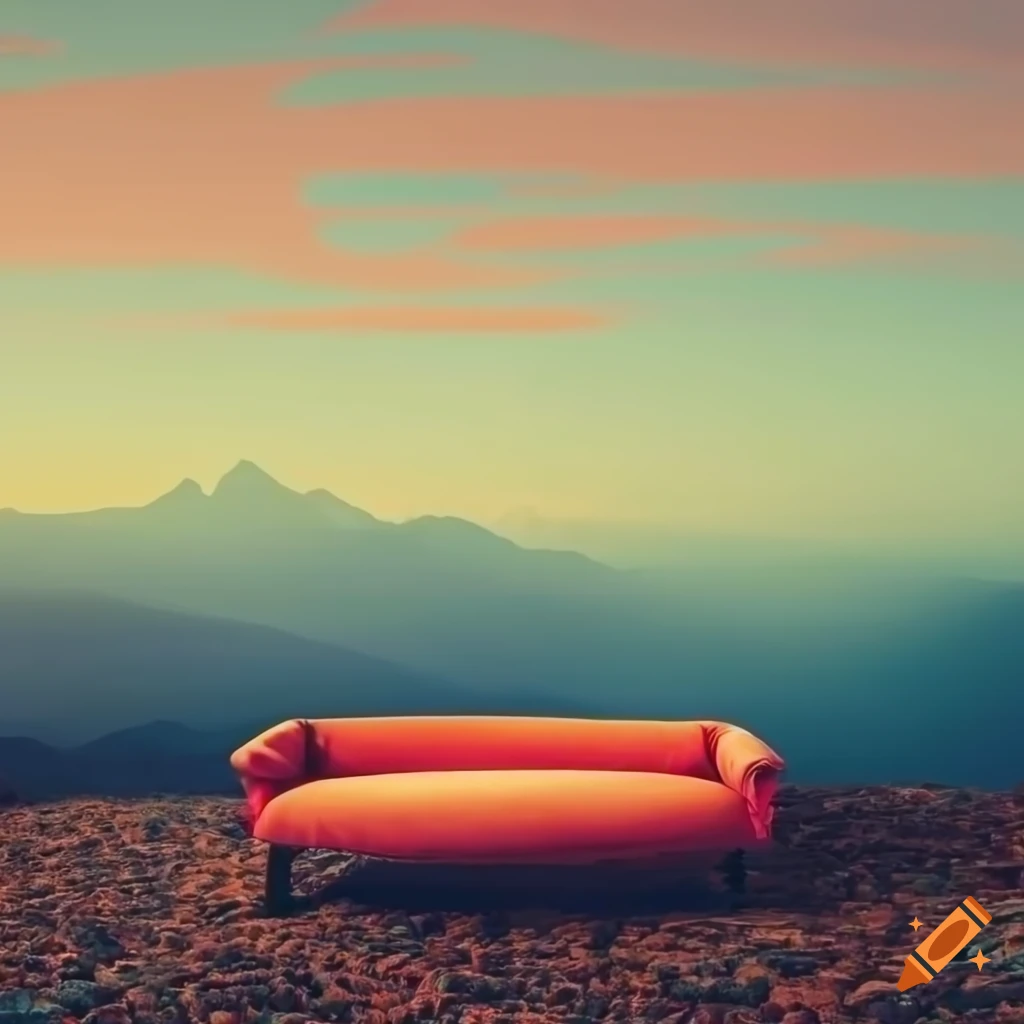Fuchsia couch in mountainous landscape with colorful sunlight on Craiyon