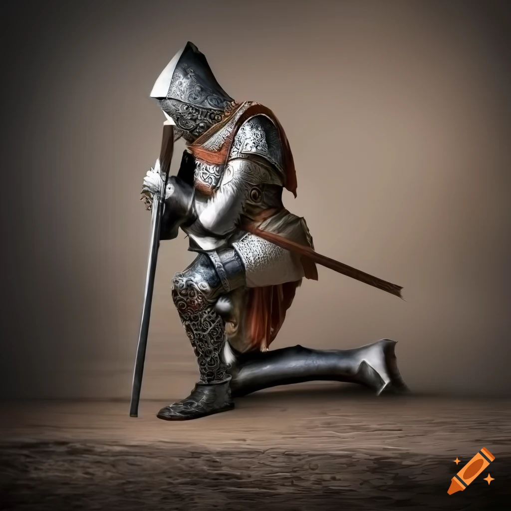 Gallant knight kneeling at a cross in detailed design on Craiyon