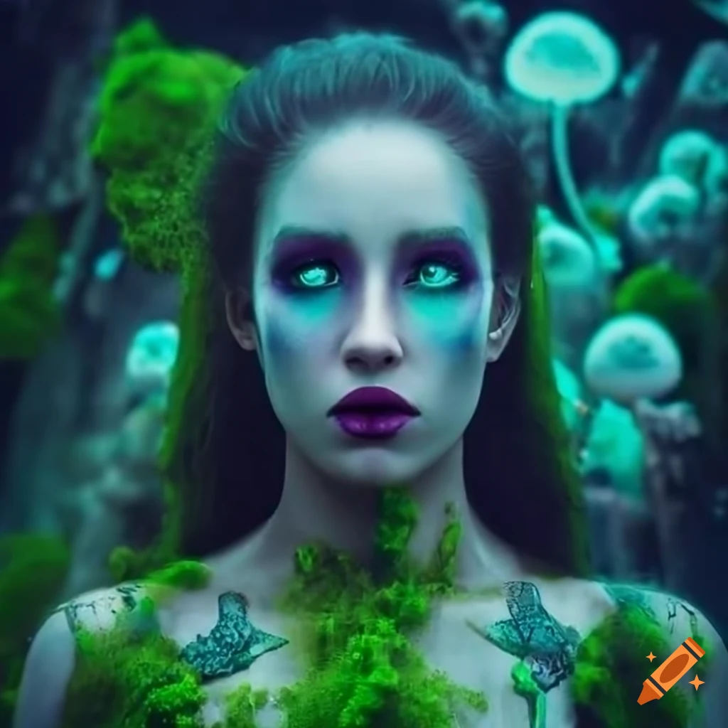 Glowing biopunk cityscape with cyborg mermaid goddesses and biological ...