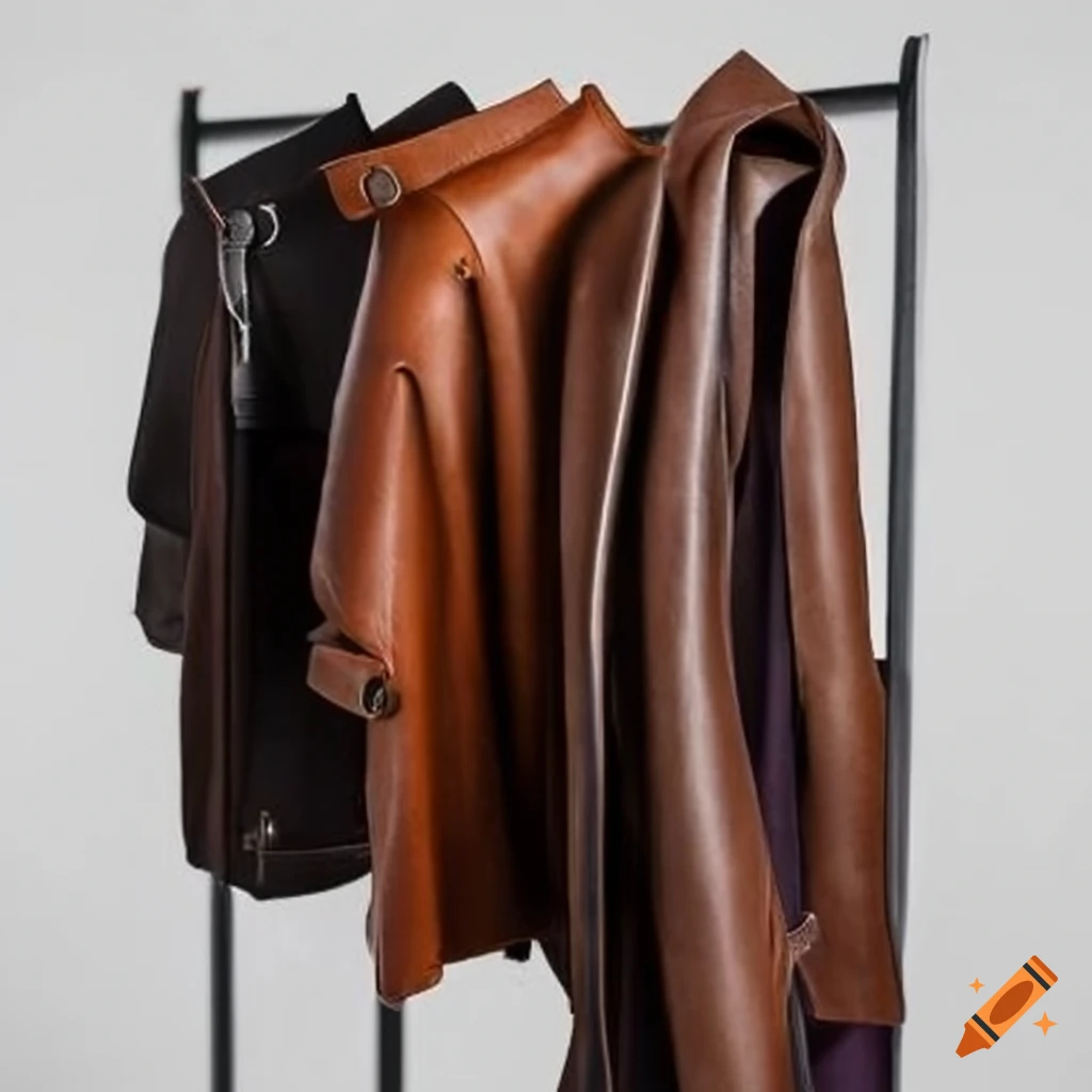 Leather apparel hanging on a stand on Craiyon