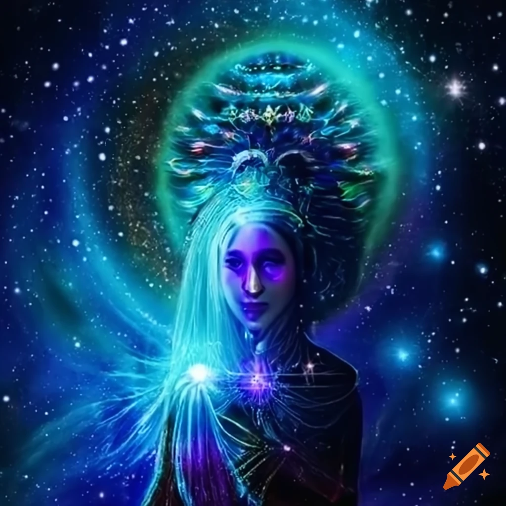 Portrait of a goddess singing under a splendid blue galactic shimmering ...