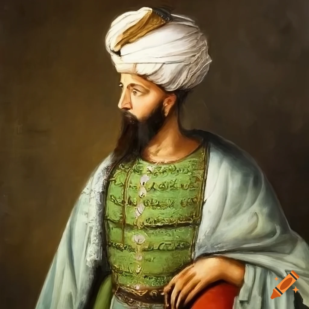 Oil painting of a regally dressed persian king with a turban and crown ...