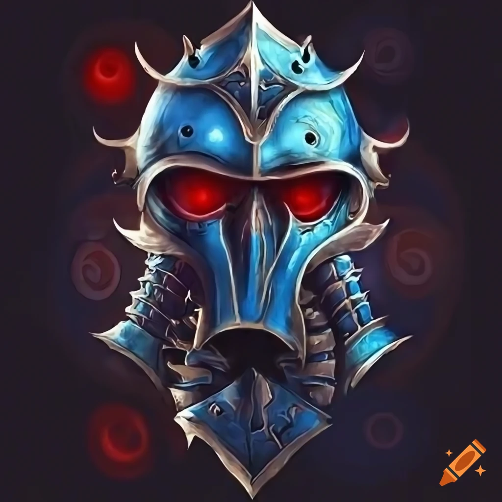 Warrior bust with red eyes, blue armor for metal band logo on Craiyon