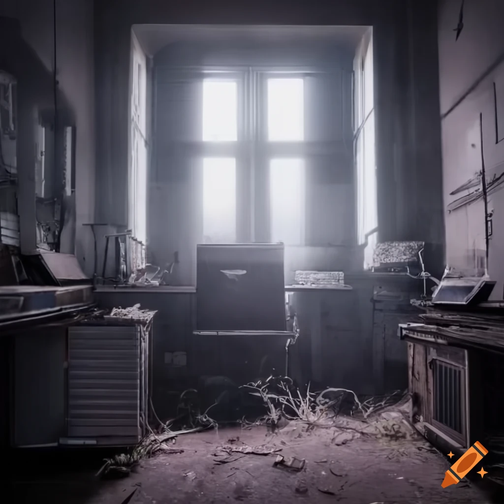 Abandoned computer room with sunlight breaking through the fog on Craiyon