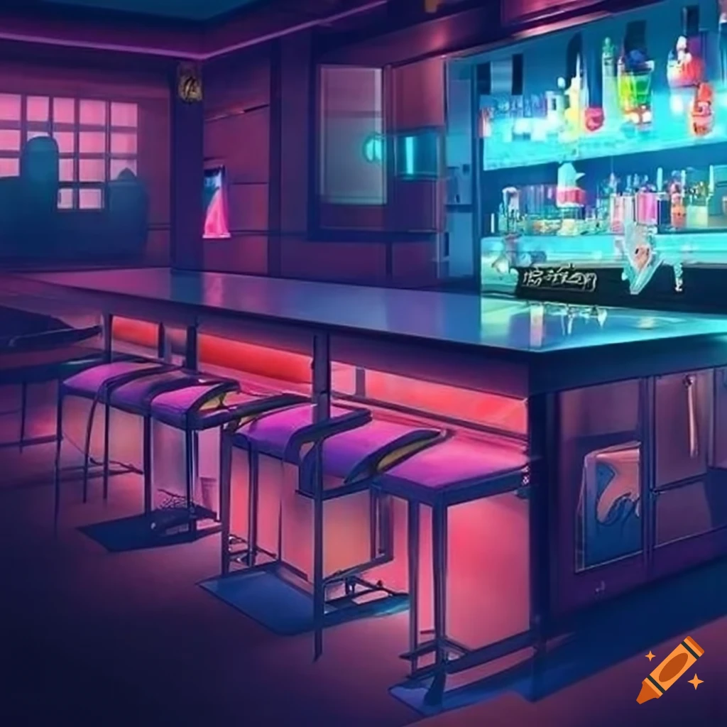 Modern frontal bar counter in a Korean anime scenery club on Craiyon