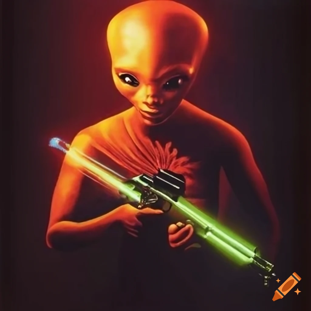 1950s epic sci-fi film poster with a glowing alien firing a laser gun ...