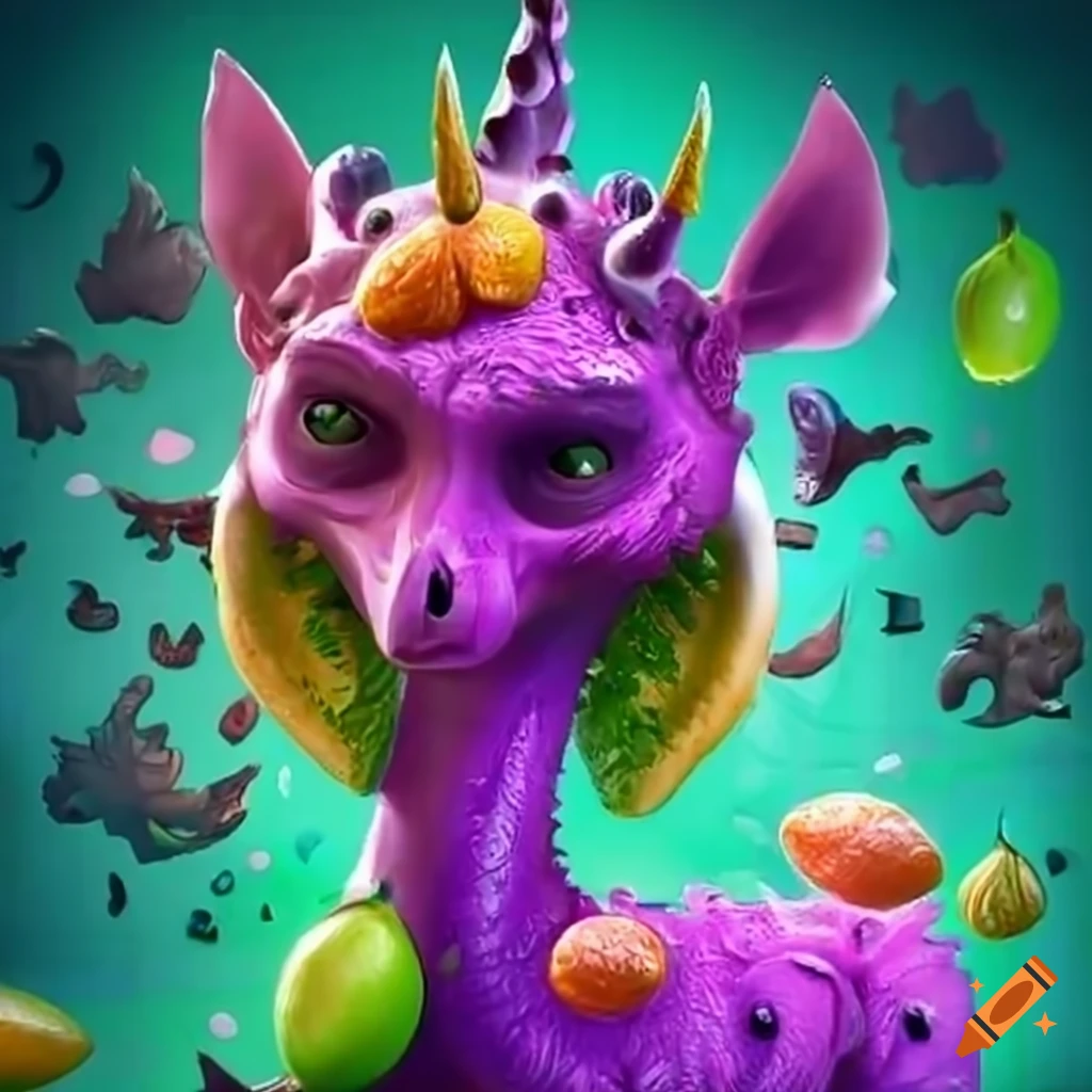 Mythical creatures and mutant lemon fruit monster in a magical forest ...