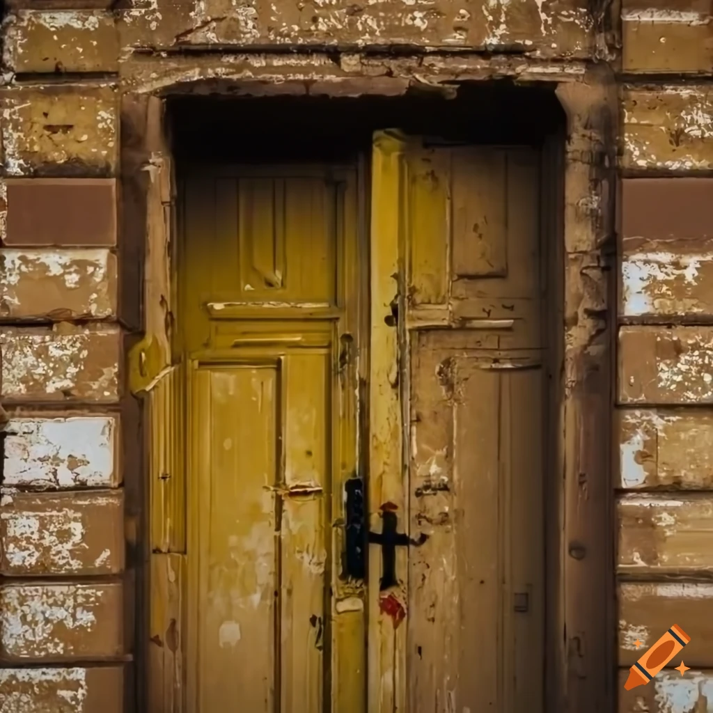 Close-up of flooded crumbling door with sinking buildings in golden ...