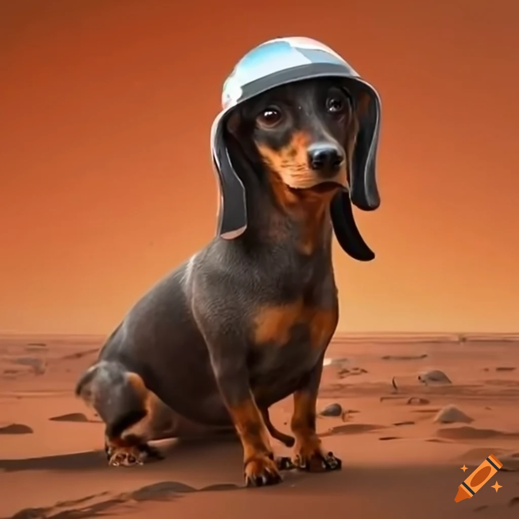 Dachshund with a space helmet next to pasta on Mars' terrain on Craiyon