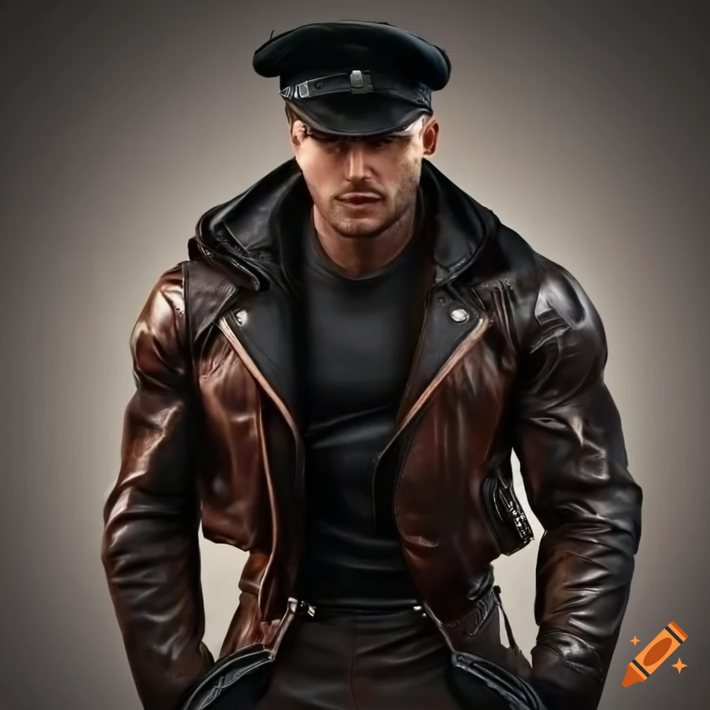 Muscular male in leather master outfit on Craiyon