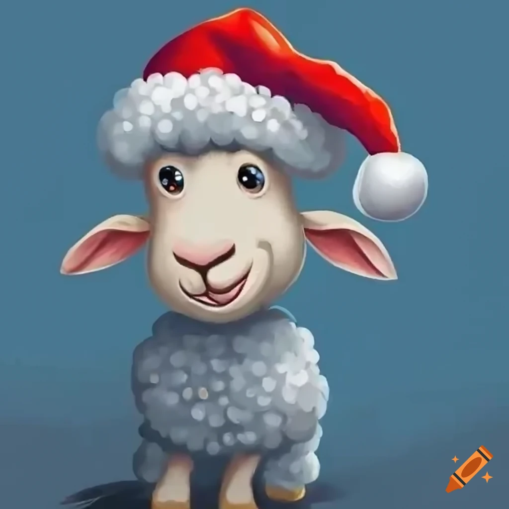 Cartoon sheep wearing a red santa hat on Craiyon