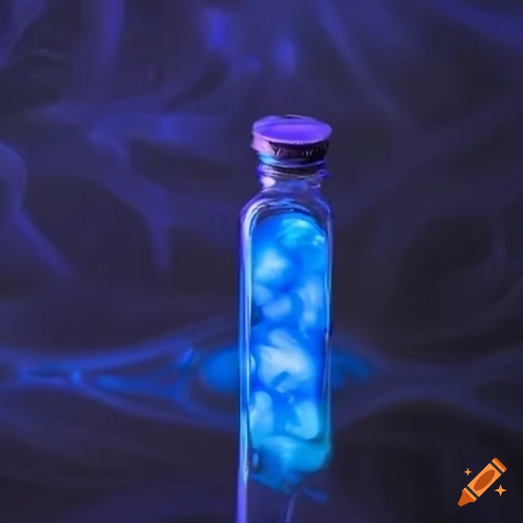 Intricate blue vial with glowing liquid symbolizing memories on Craiyon