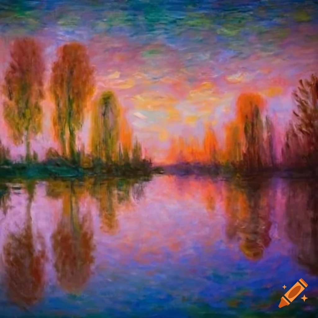 Sunset at a lake with trees in the style of claude monet on Craiyon