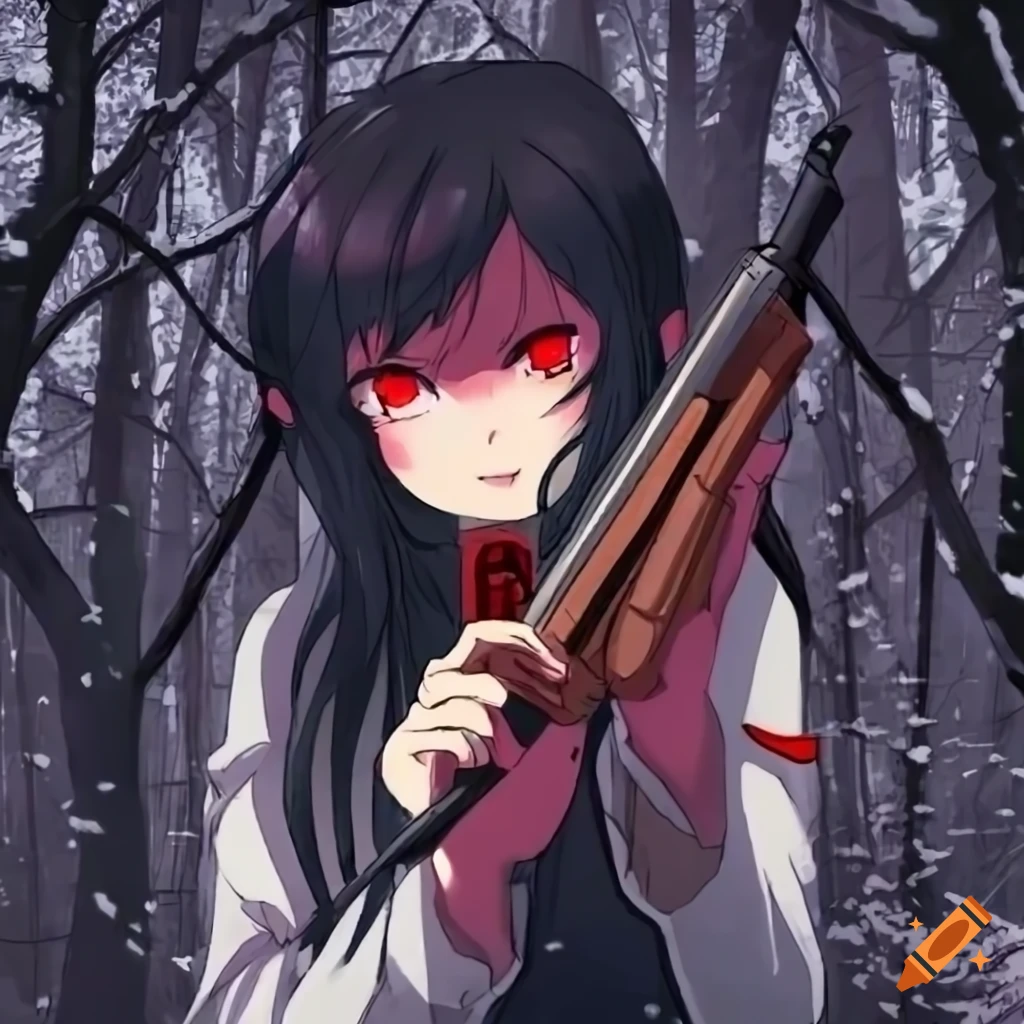 Anime villain girl in a snow forest with a shotgun and wendigo in the ...