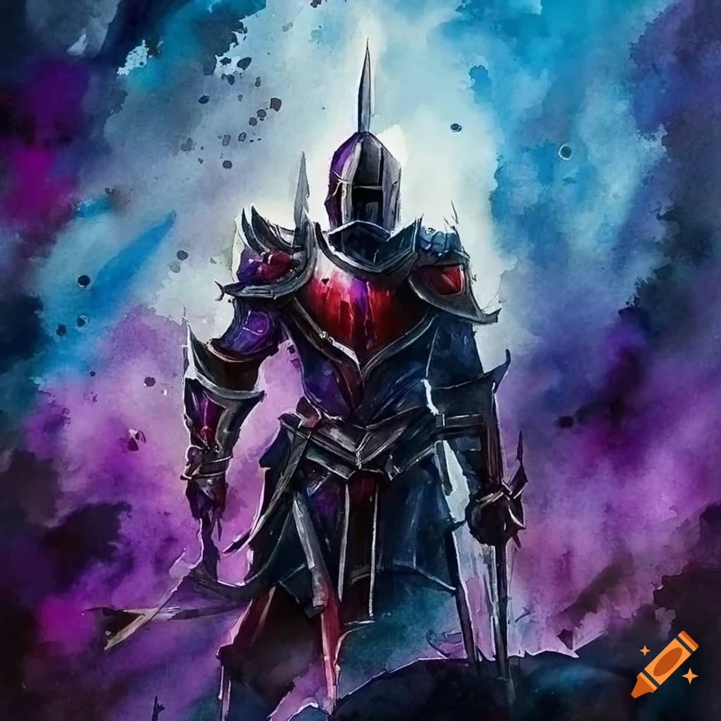 Powerful knight surrounded by blue and purple magic in dark red armor ...